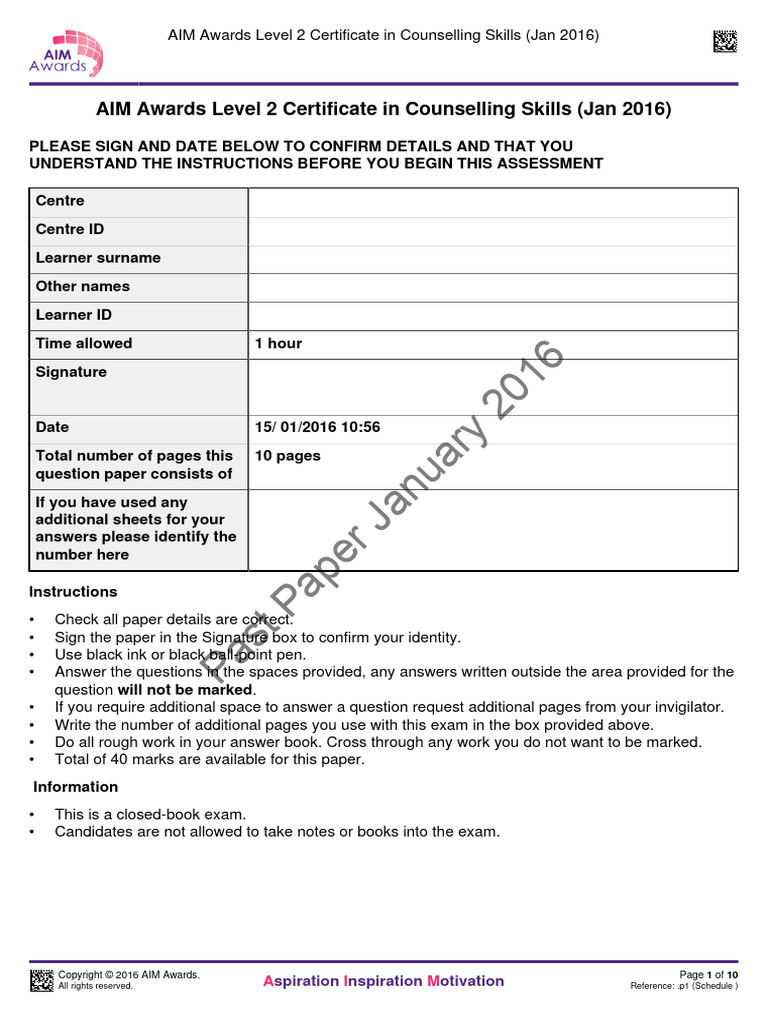 AIM Awards Level 2 Certificate in Counselling Skills Paper Jan 2016 ...