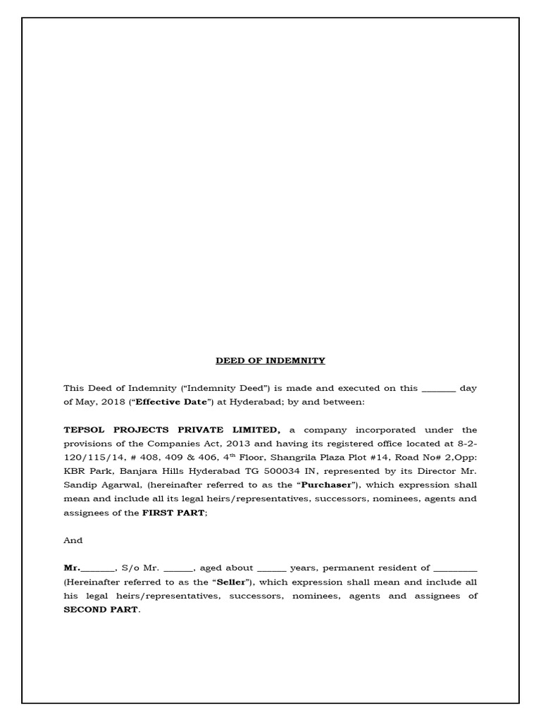 DEED OF INDEMNITY - Sellers | PDF | Indemnity | Deed