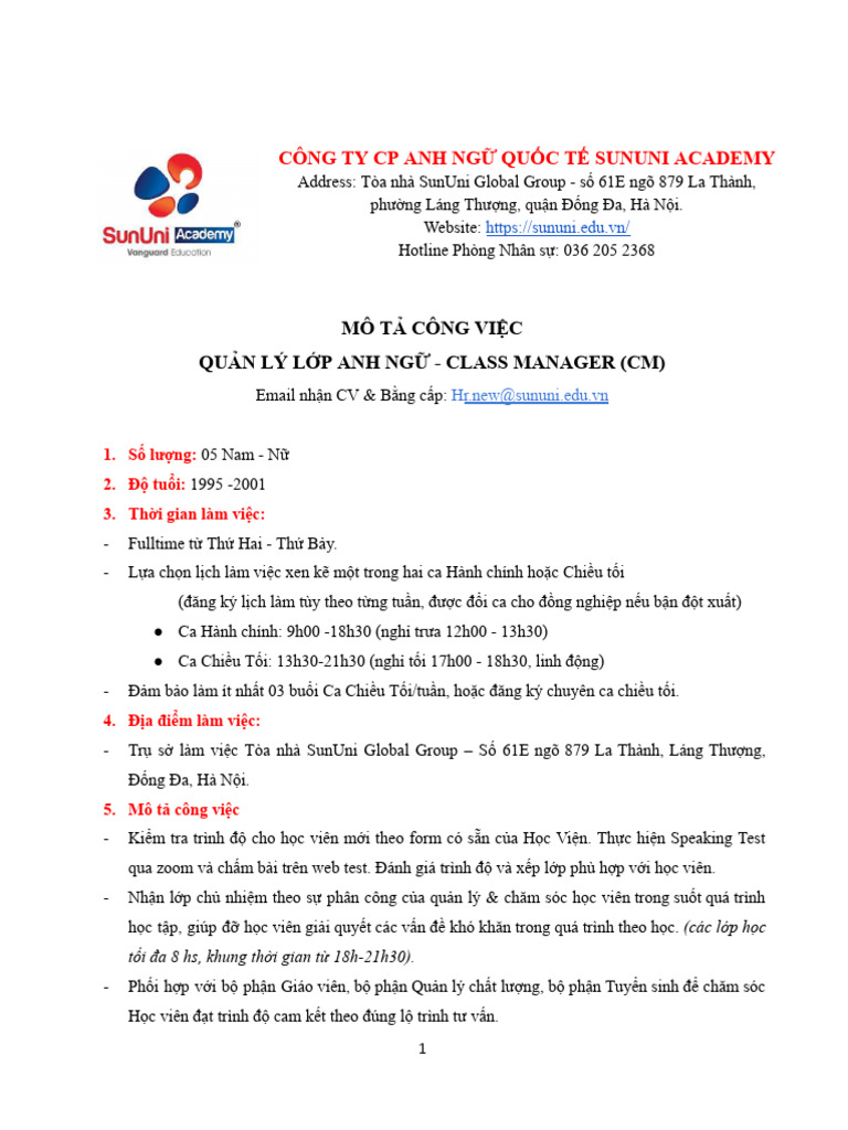 JD Class Manager (CM) - SunUni Academy | PDF