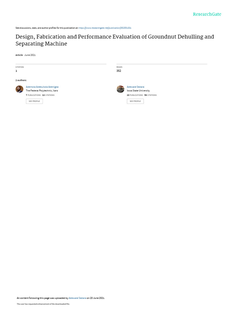 Design, Fabrication and Performance Evaluation of Groundnut Dehulling and Separating Machine ...