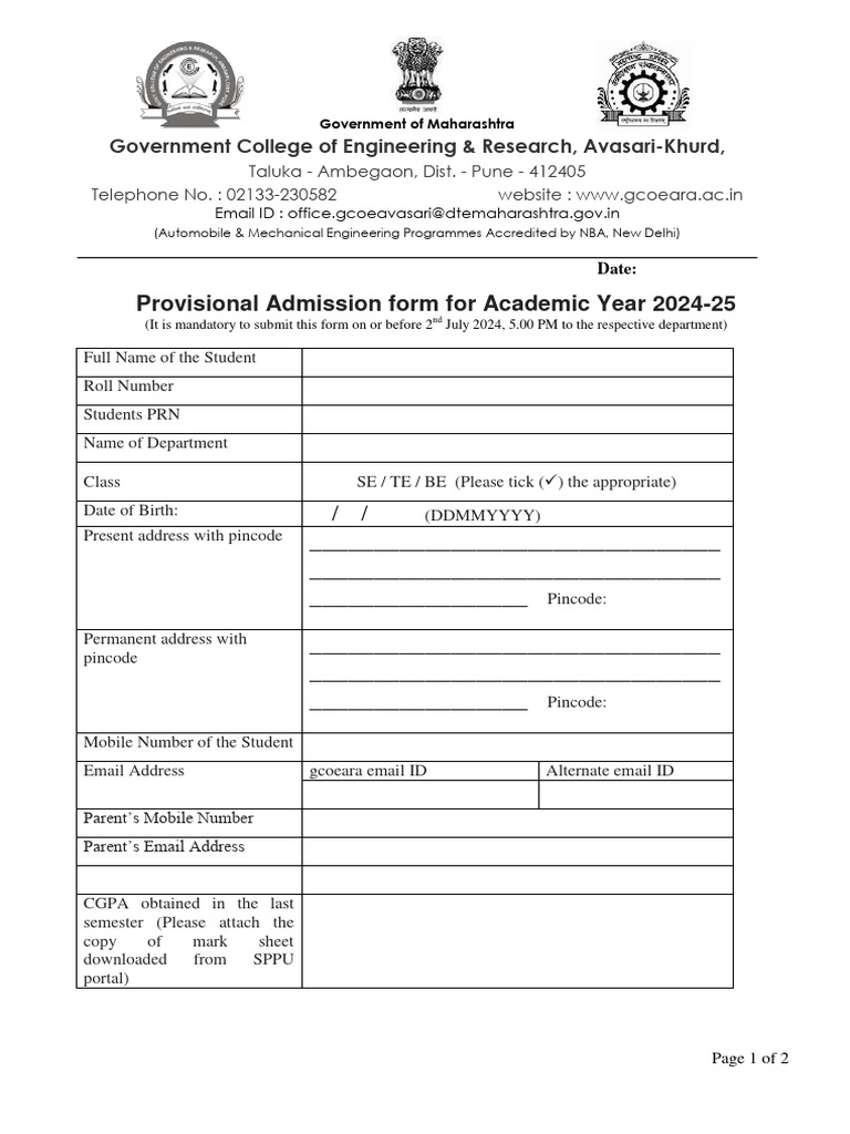 Provisional Admission Form 2024-25 | PDF