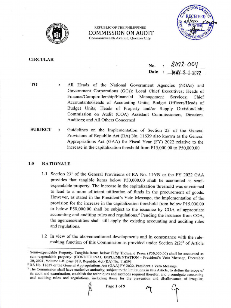 COA CIRCULAR NO. 2022 004 May 31 2022 | PDF | Audit | Property COA CIRCULAR NO. 2022 004 May 31 2022 | PDF | Audit | Property