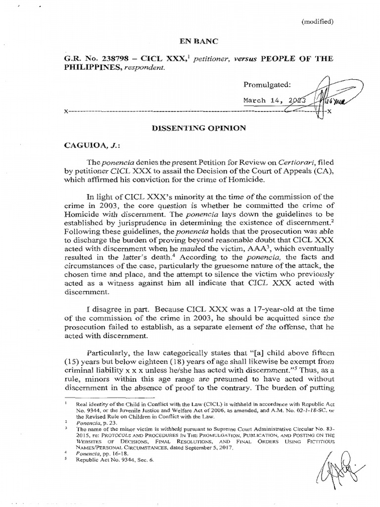 Caguioa Dissent - CICL XXX Vs People | PDF | Crimes | Crime & Violence