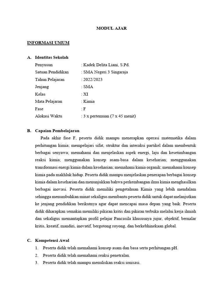 Modul Ajar Kimia Kelas XI SMA | PDF