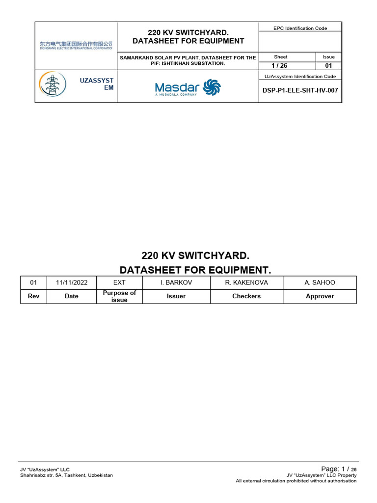 220kV Switchyard Equipment Datasheet | PDF | Electrical Substation | Electrical Engineering