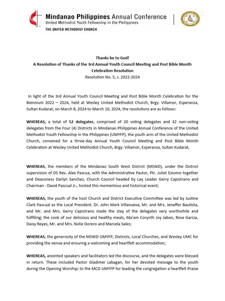 3rd AYCM - RESOLUTION OF THANKS | PDF | United Methodist Church | Methodism