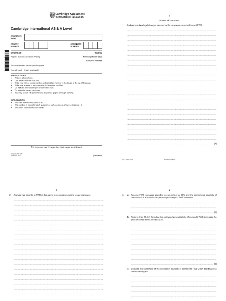 AS & A Level Business 9609 - 32 Paper 3 Feb - Mar 2023 | PDF ...