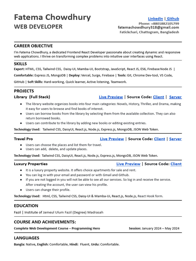 Fatema Chowdhury - Resume-DbFp6E-K | PDF | World Wide Web | Internet & Web
