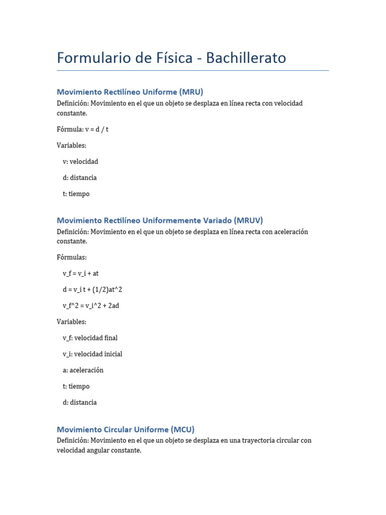 Formulario de Fisica Bachillerato | PDF | Fuerza | Velocidad