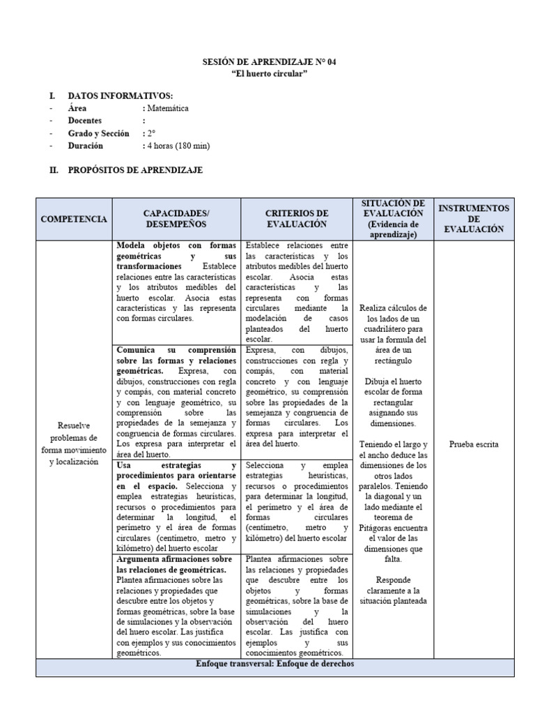 4 SESION El HUERTO CIRCULAR | PDF | Geometría | Evaluación