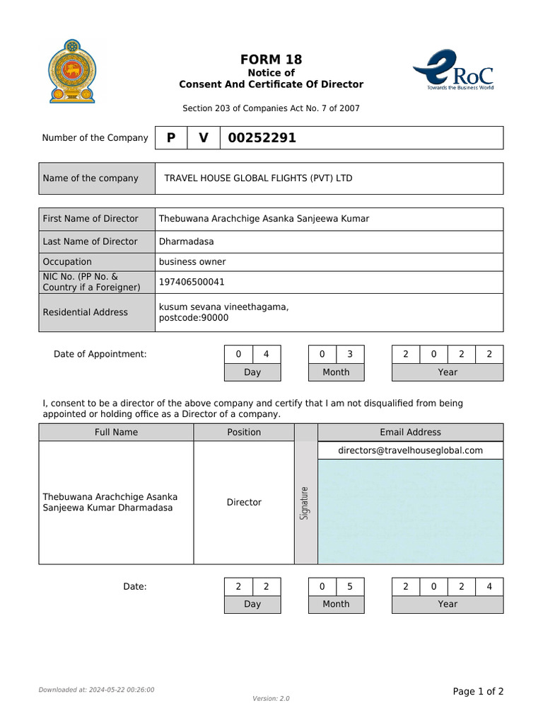 Sri Lanka PVT LTD Form 18 | PDF