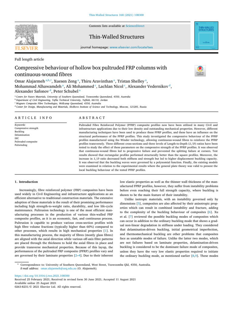 Compressive Behaviour Of Hollow Box Pultruded Frp Column 2021 Thin Walled St Pdf