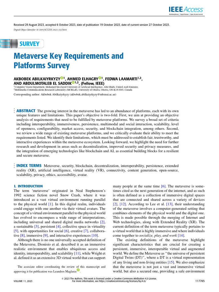 Metaverse Key Requirements and Platforms Survey | PDF | Virtual Reality ...