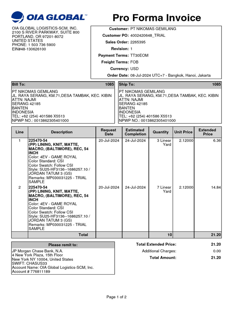 Pro Forma Invoice for PT Nikomas Gemilang | PDF | Pro Forma | Financial ...