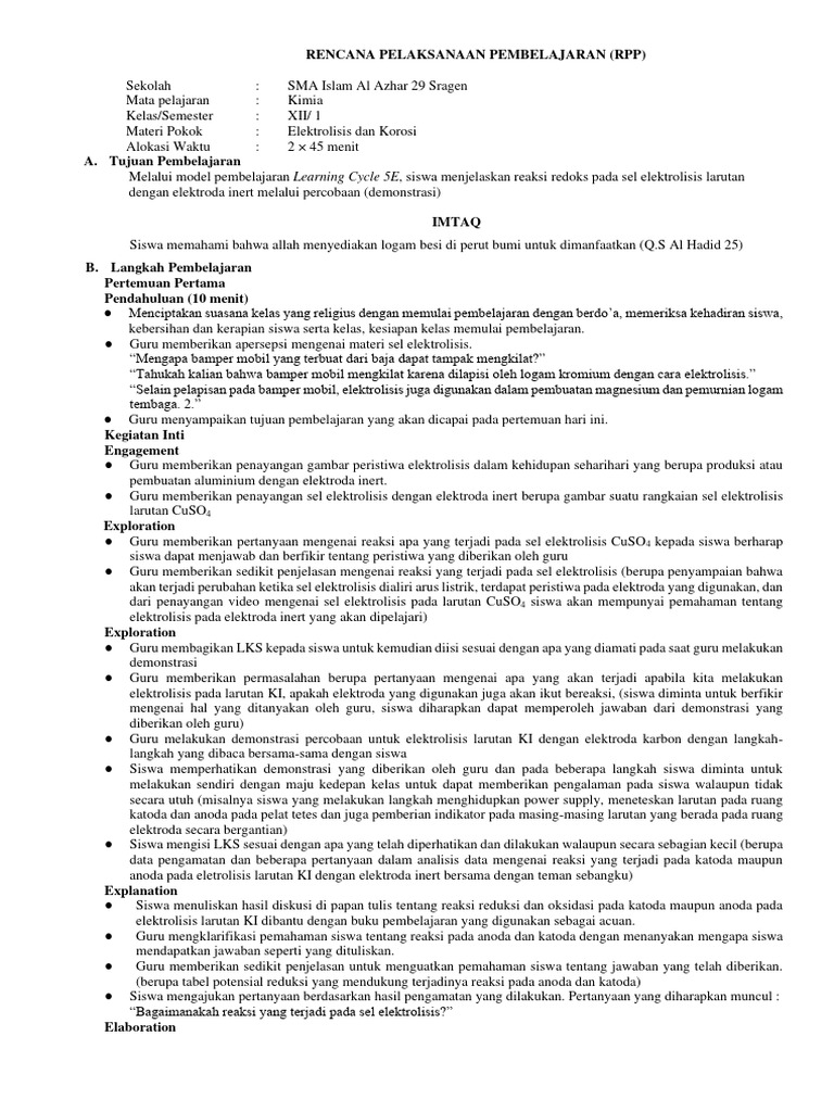 RPP KD 3.5-3.6 Elektrolisis Dan Korosi | PDF | Metode & Bahan Ajar | Teknologi & Rekayasa