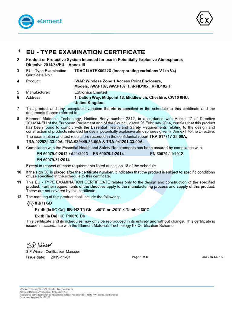 iWAP107 ATEX Certificate - X1213496 | PDF