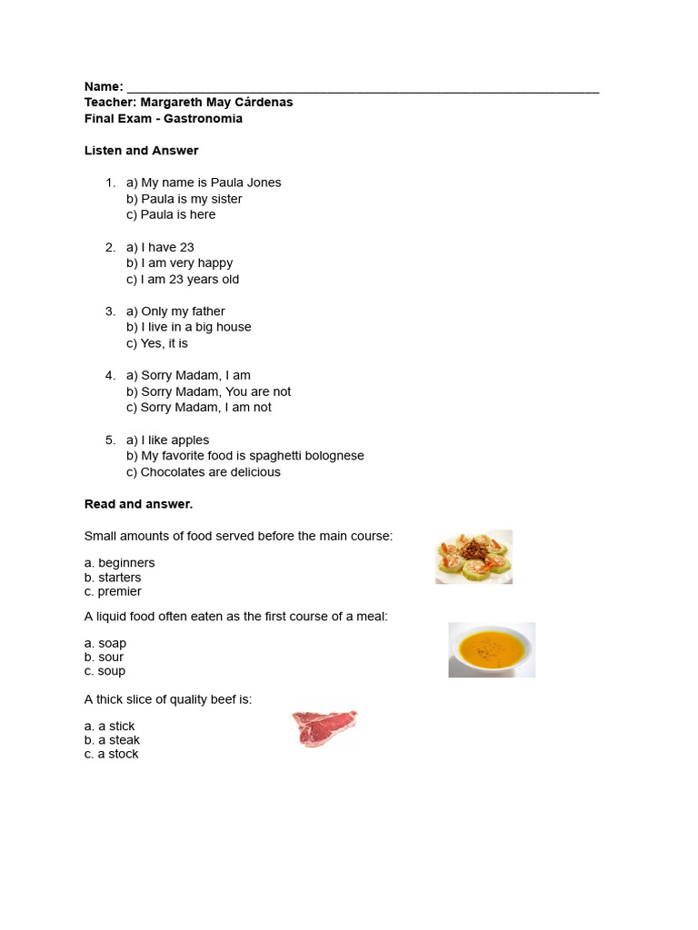 Final Exam: Gastronomy Listening & Reading | PDF