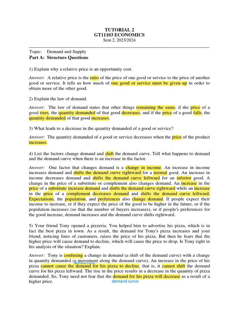 Tutorial 2 - Answers | PDF | Demand | Demand Curve