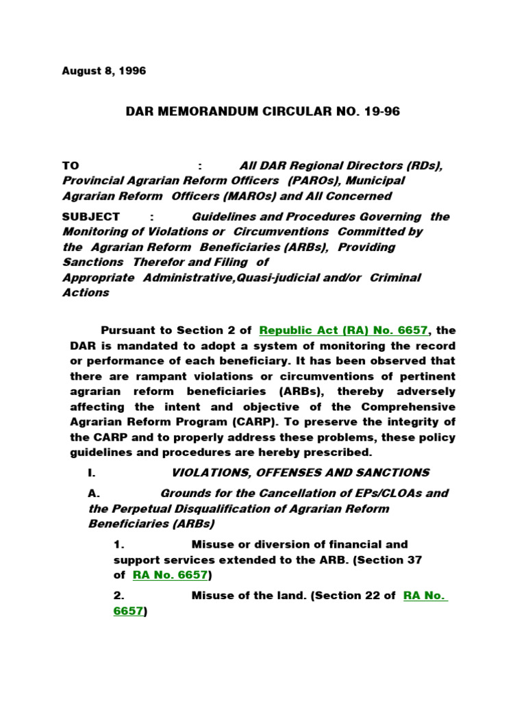 Dar Memorandum Circular No. 19-96 | PDF | Justice | Crime & Violence
