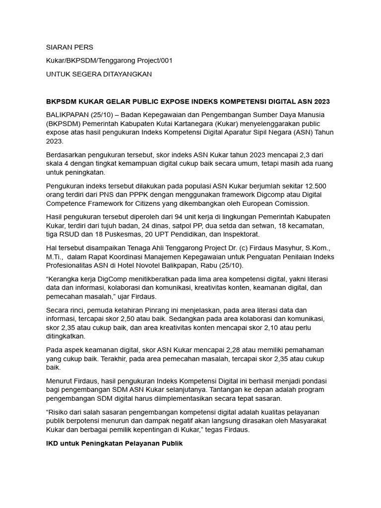 SIARAN PERS TP Balikpapan V1 20231025 | PDF | Teknologi & Rekayasa