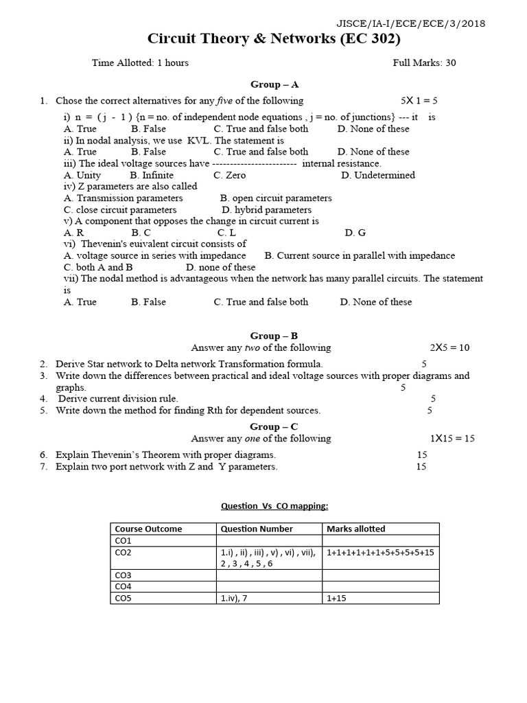 EC302-Circuit Theory - Networks-1 | PDF | Electrical Network | Network Analysis (Electrical ...