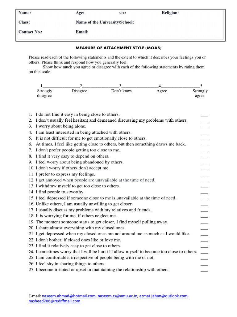 Measure of Attachment Style Questionnaire | PDF | Psychology | Social ...