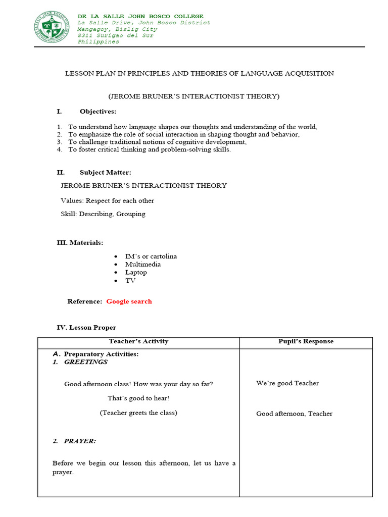 LESSON PLAN IN PRINCIPLES AND THEORIES OF LANGUAGE ACQUISITION | PDF ...