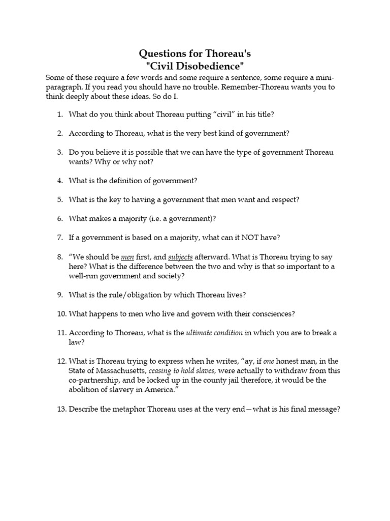 "Civil Disobedience" Reading Questions | PDF | Politics