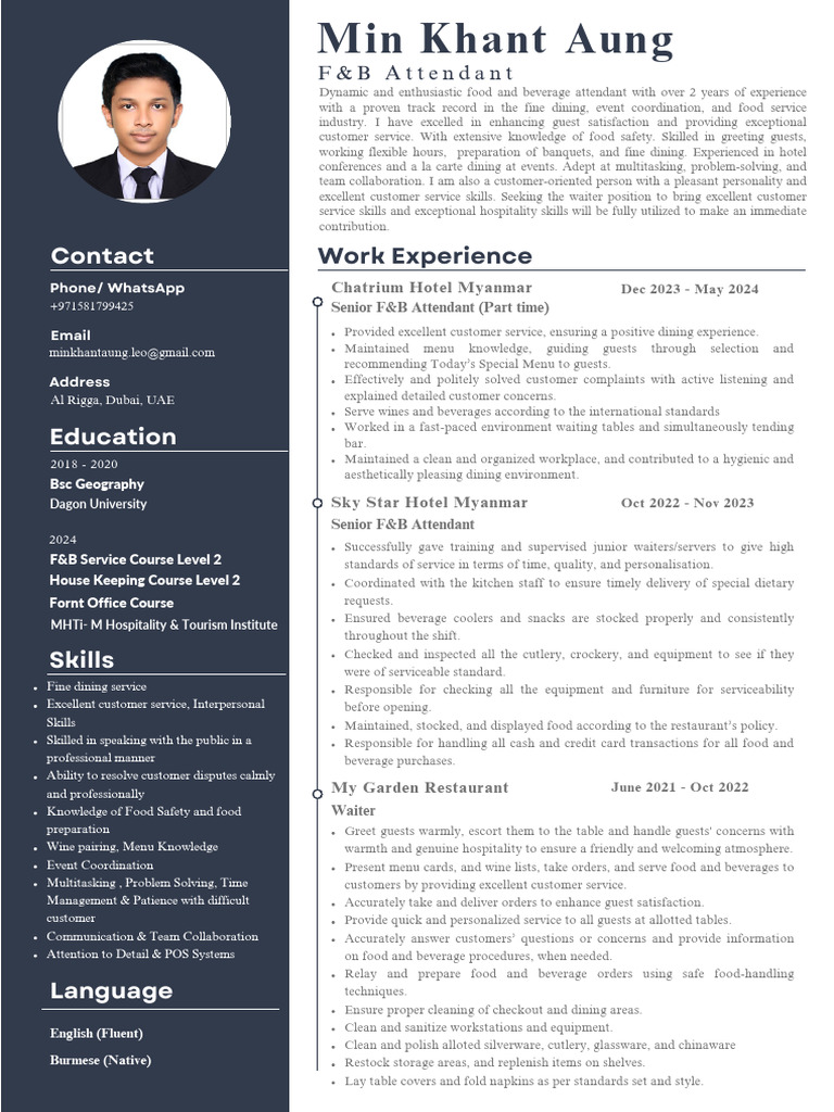 Min Khant Aung's Resume | Download Free PDF | Waiting Staff | Restaurants