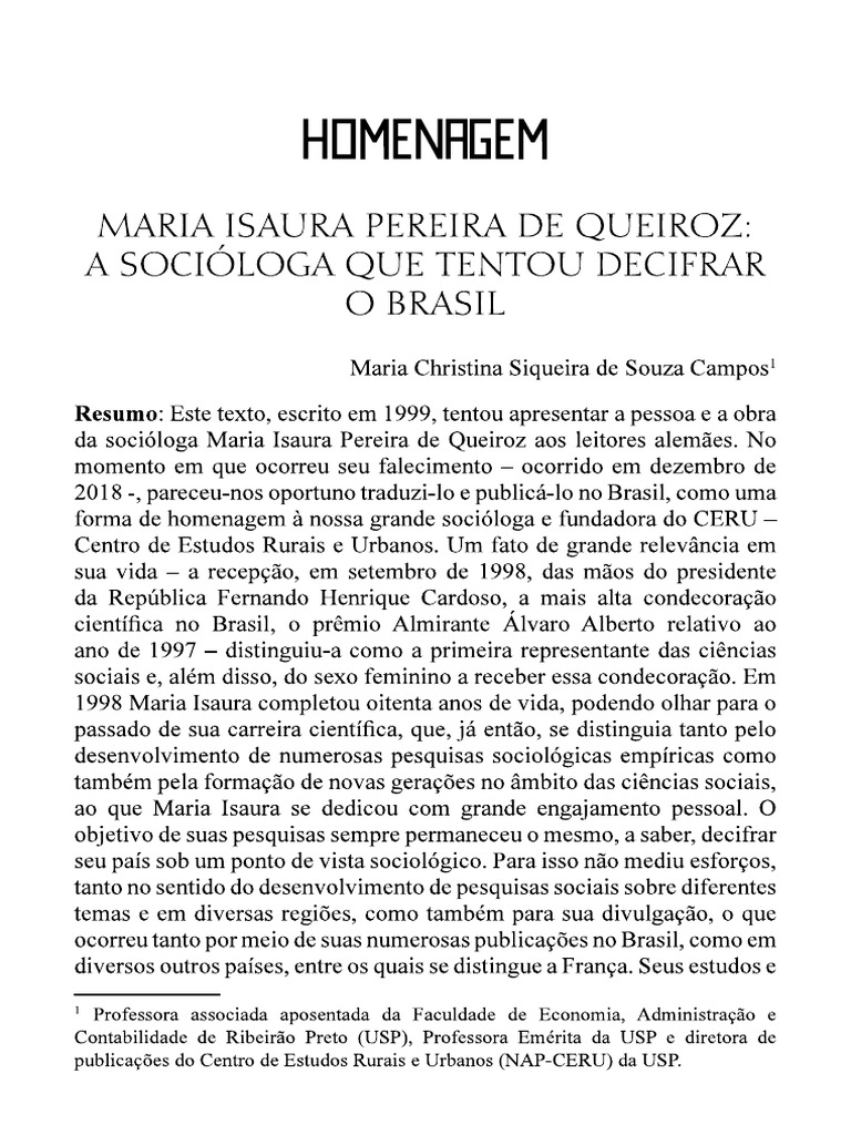 Maria Isaura Pereira de Queiroz A Socio.... | PDF