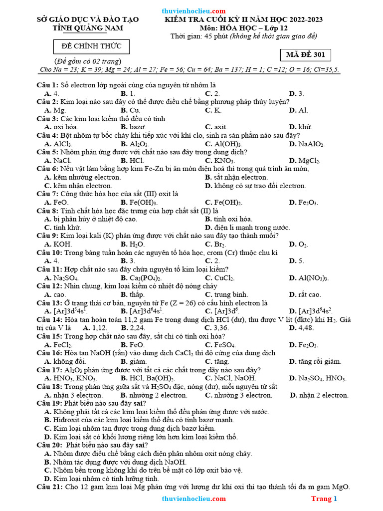 De Kiem Tra Cuoi HK2 Hoa 12 So GD Quang Nam 22 23 | PDF