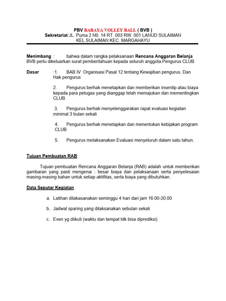 RAB dan Kegiatan PBV Baraya Volley Ball | PDF | Bisnis | Pengelolaan Keuangan & Uang