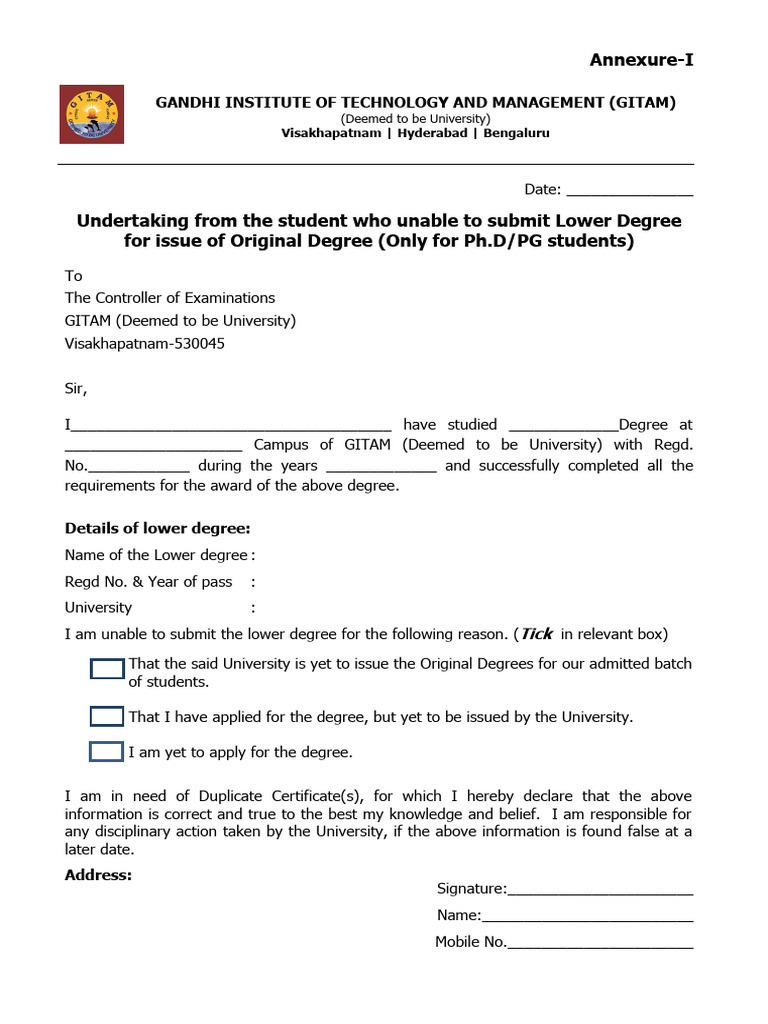 Annexure-I Undertaking For Not Submitting Lower Degree | PDF