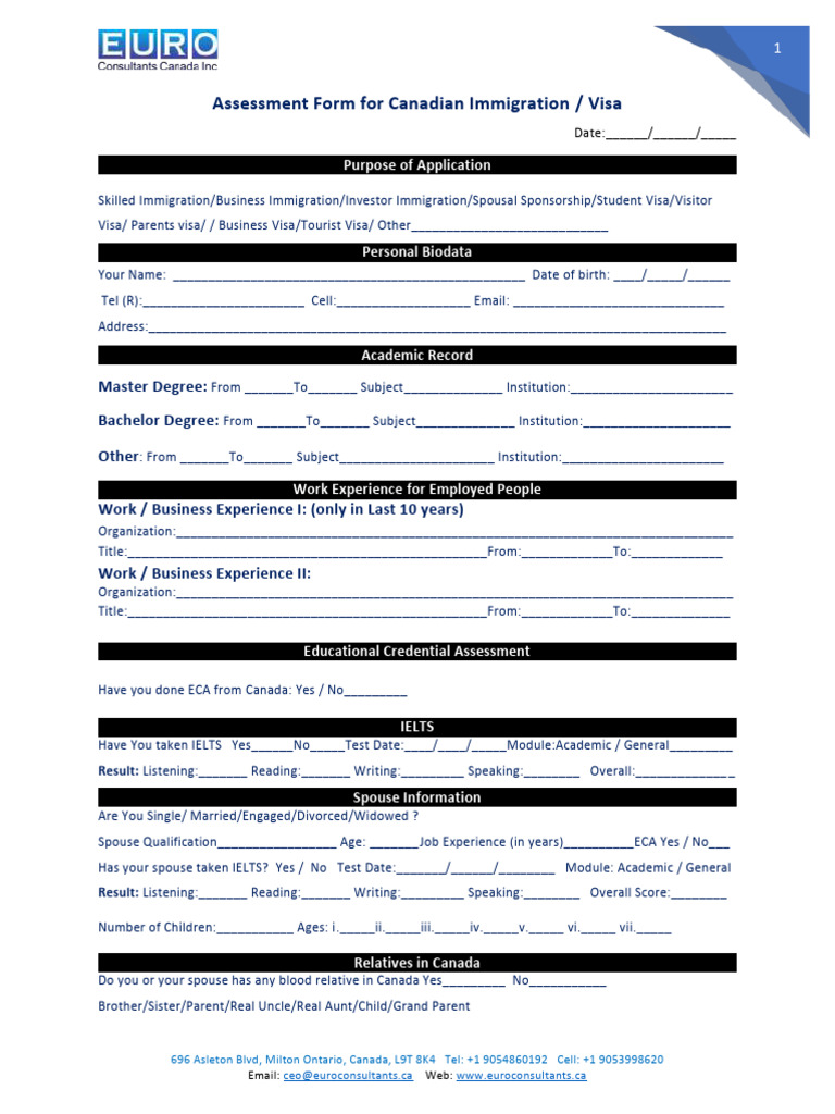 Assessment Form For Canadian Immigration General | PDF | International ...