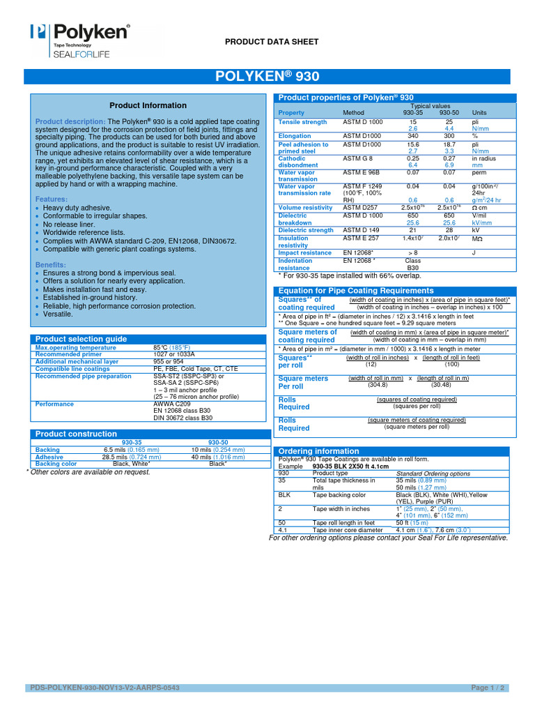 PDS Polyken 930 NOV13 V2 AARPS 0543 | PDF | Pipe (Fluid Conveyance ...