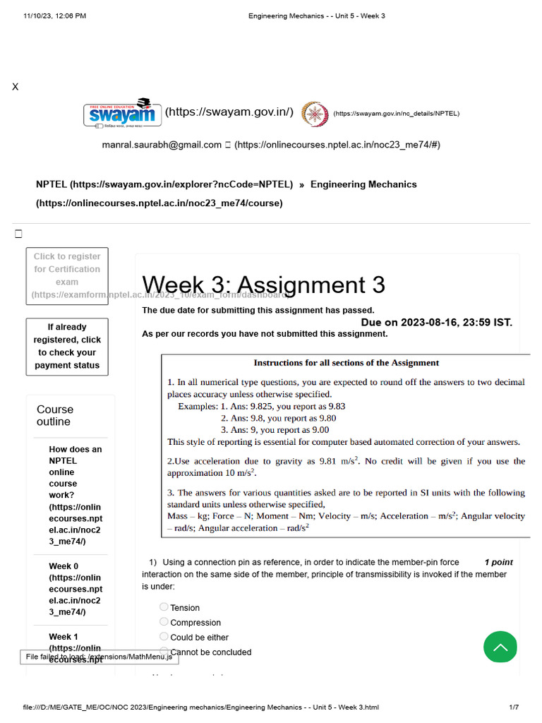 Engineering Mechanics - Unit 5 - Week 3 | PDF | Truss | Mechanical Engineering