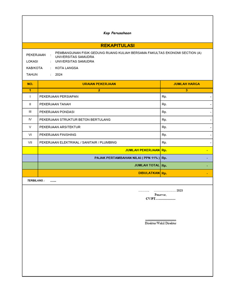 BOQ Pembangunan Gedung Fakultas Ekonomi Section A Universitas Samudra ...