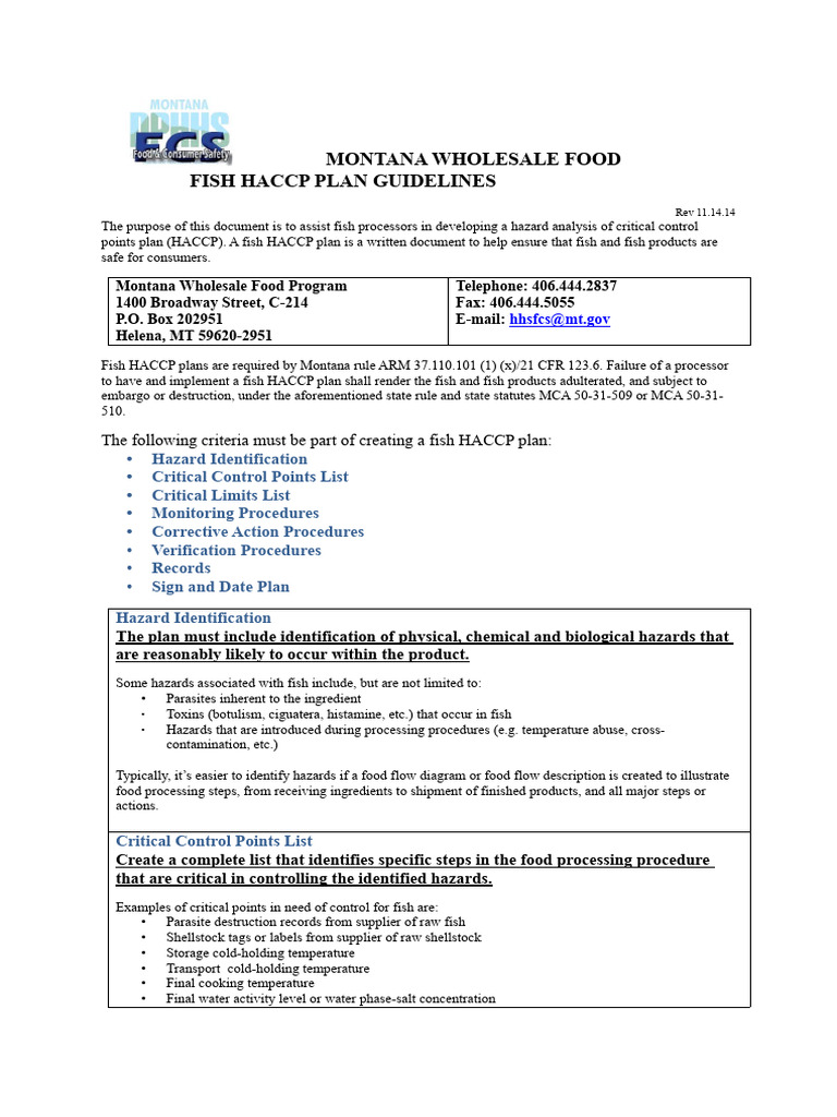 Montana Fish HACCP Plan Guidelines | PDF | Refrigerator | Sushi