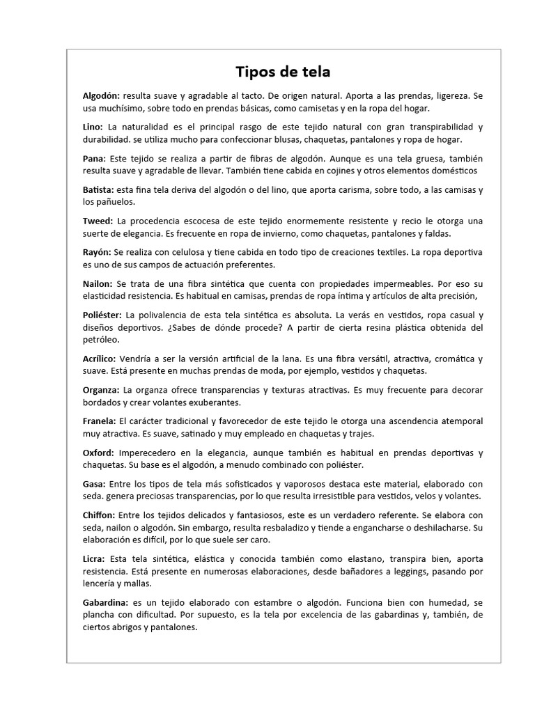 Tipos de Tela | PDF | Textiles | Ropa