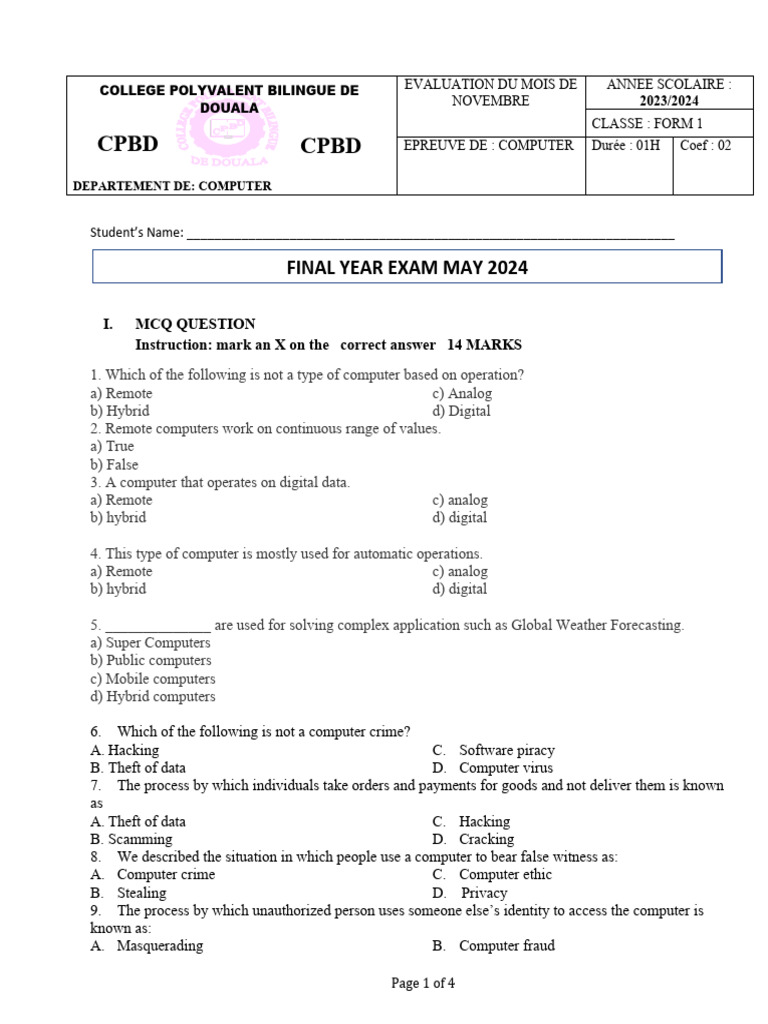 F1-Final Year Exam 2024 | PDF | Software | Computing