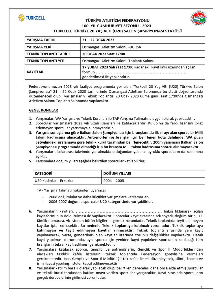 6 U20 Salon Sampiyonasi - 21 22 - Ocak 1 | PDF