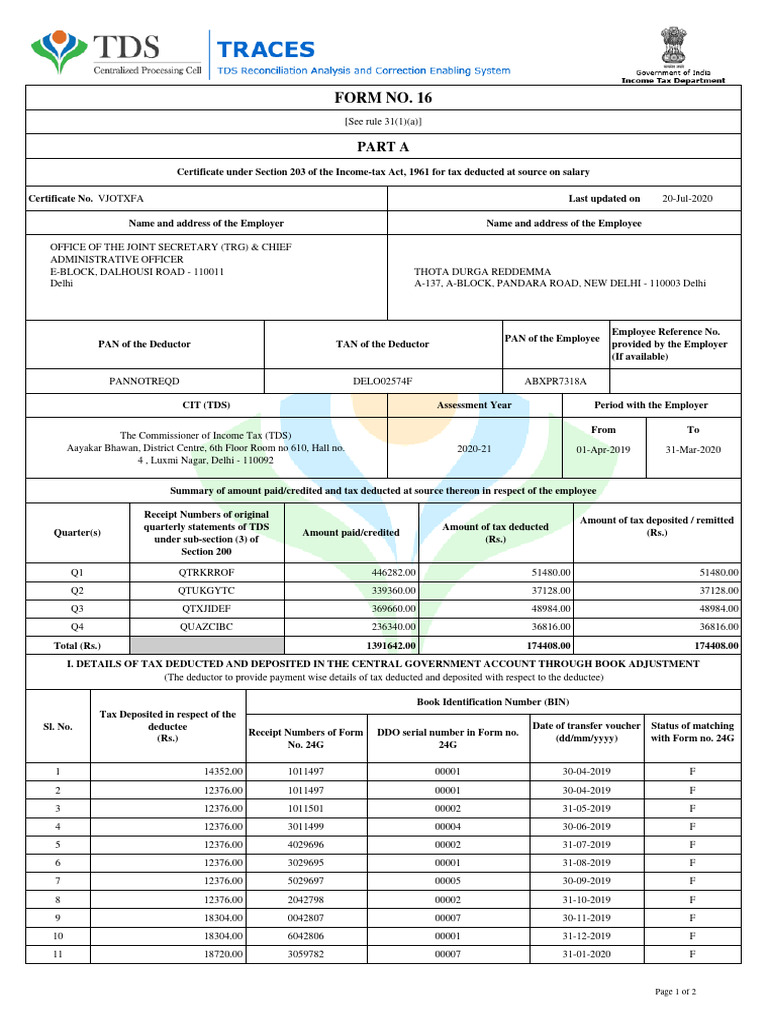 Form 16 | PDF | Tax Deduction | Payments