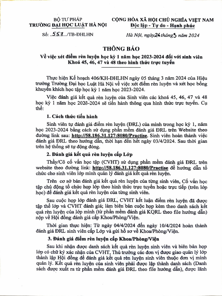 Thông Báo Xét Điểm RL Kỳ 1 Năm 2023-2024 K45,46,47,47 | PDF