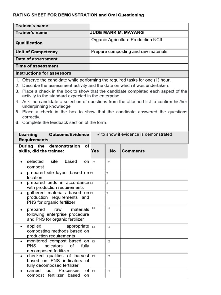 MAYANG, JM M. RATING SHEET FOR DEMONSTRATION and Oral Questioning | PDF ...