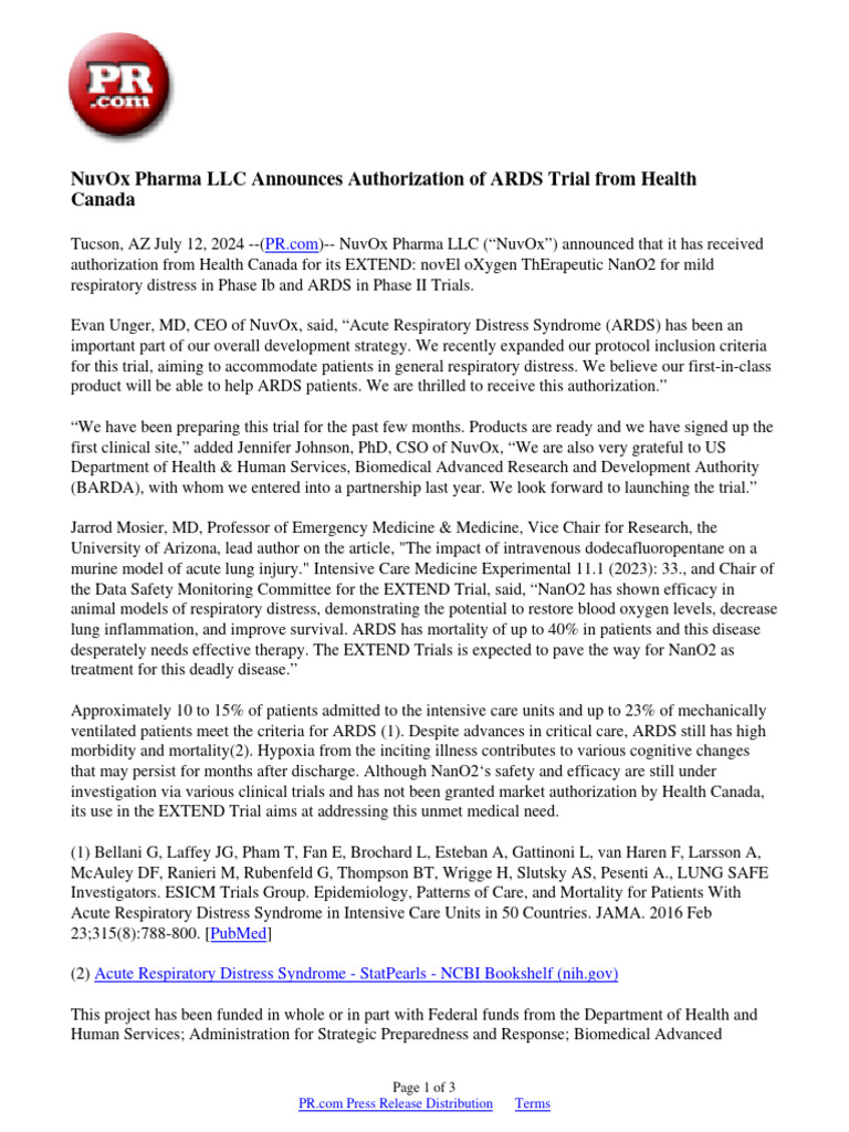 NuvOx Pharma LLC Announces Authorization of ARDS Trial From Health ...