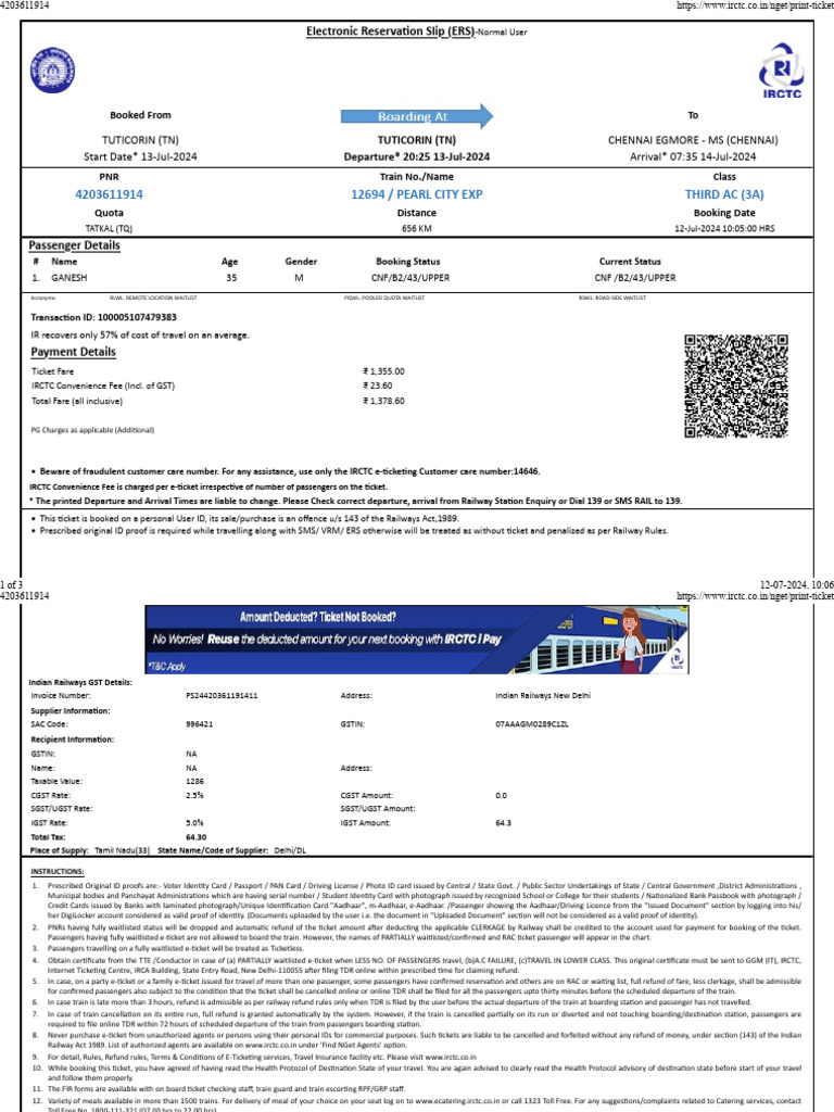 IRCTC Train Ticket Booking Details | PDF | Payments