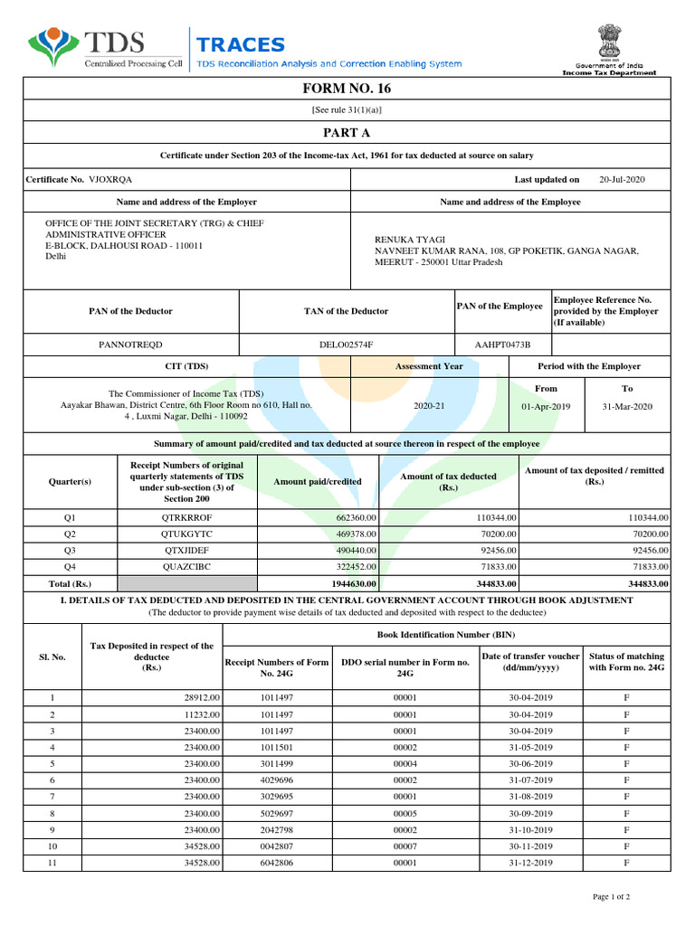 Form 16: TDS Certificate for Salary 2020-21 | PDF | Tax Deduction | Salary