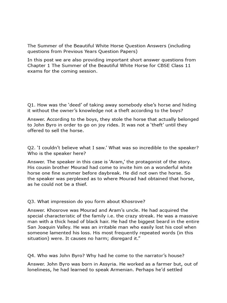 Class 11 Q&A: The Summer of the Horse | PDF