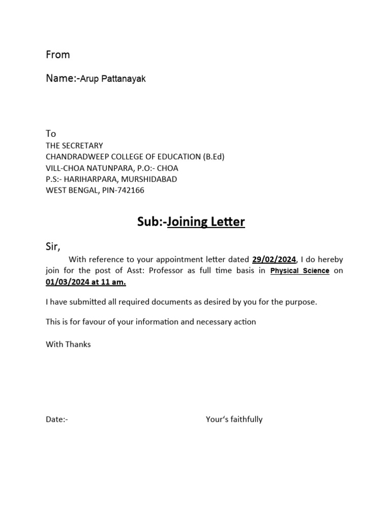 Joining Letter Arup Pattanayak | PDF | Sports & Recreation | Religion ...