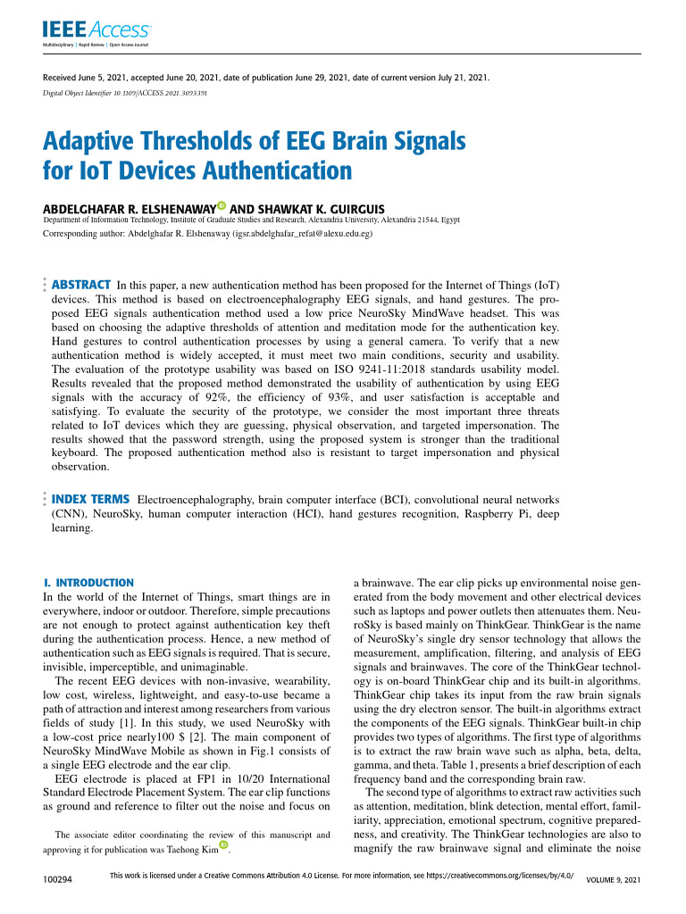 Adaptive Thresholds of EEG Brain Signals For IoT Devices Authentication ...